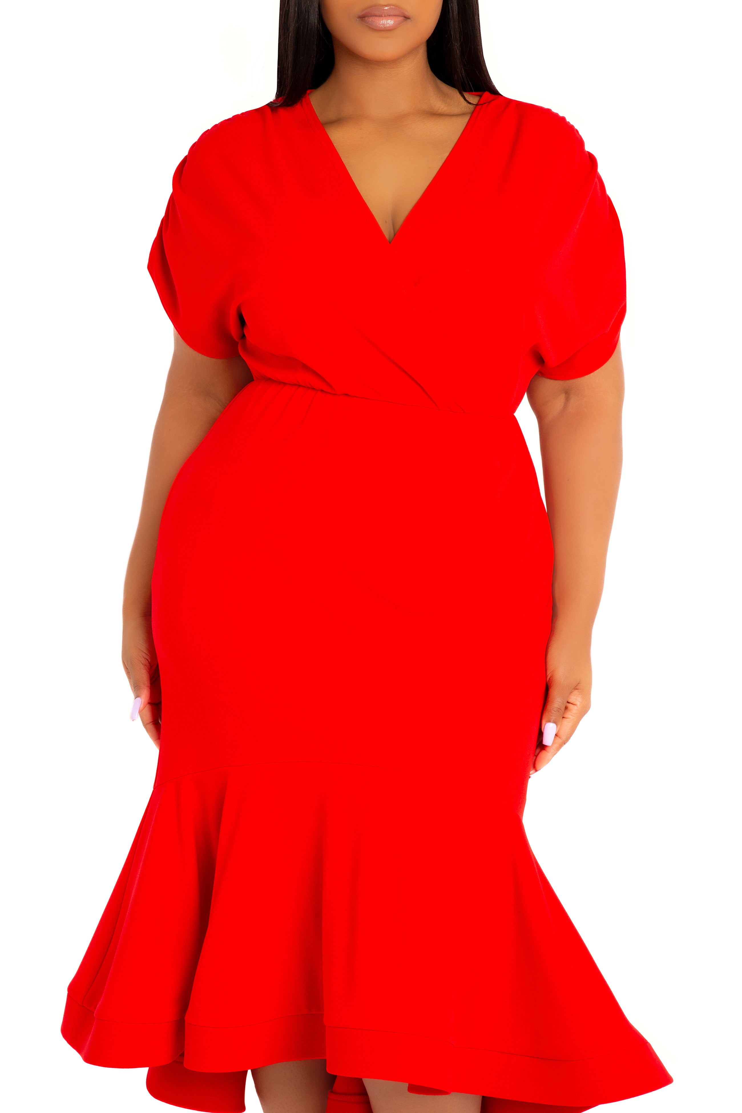 V-Neck Flounce Midi Dress – Buxom Couture